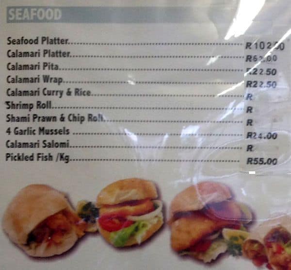 Menu at Altona Fisheries restaurant, Cape Town
