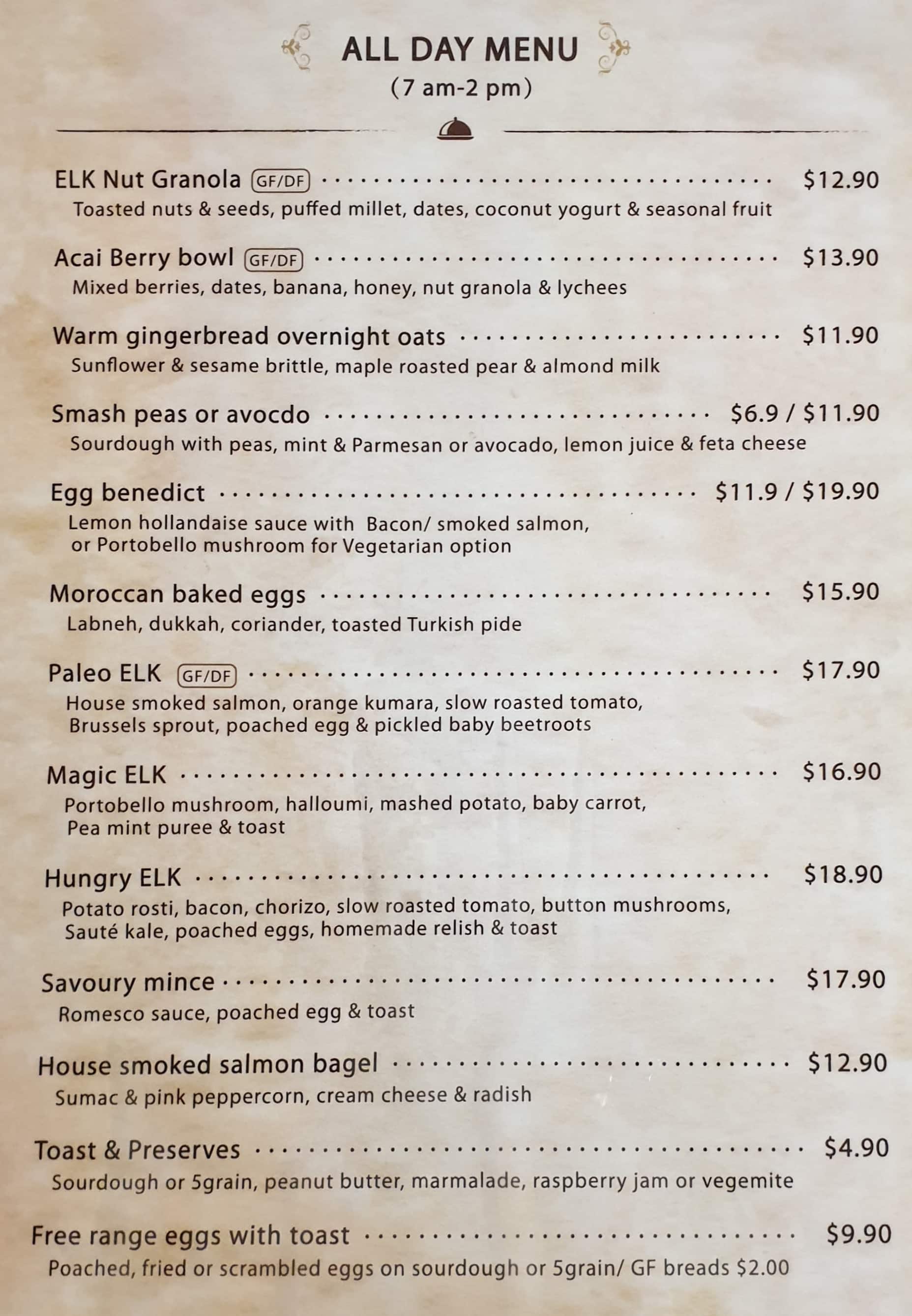 Menu at Palm Cafe, Auckland