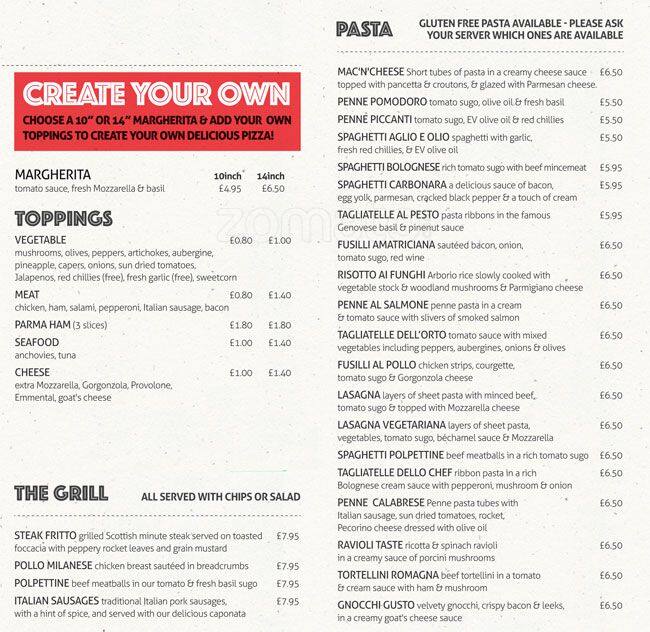 Menu at Taste of Italy restaurant, Edinburgh