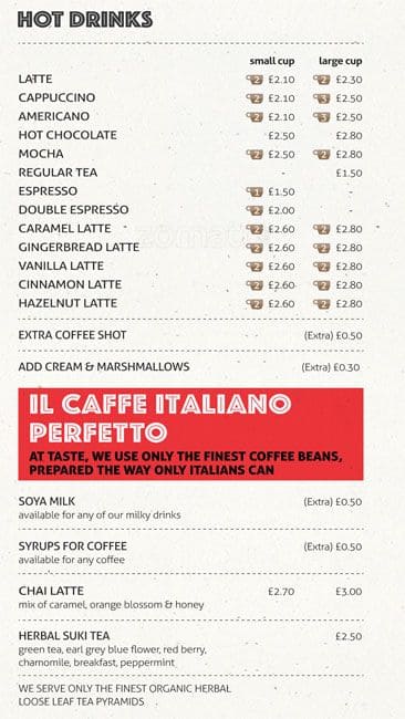 Menu at Taste of Italy restaurant, Edinburgh