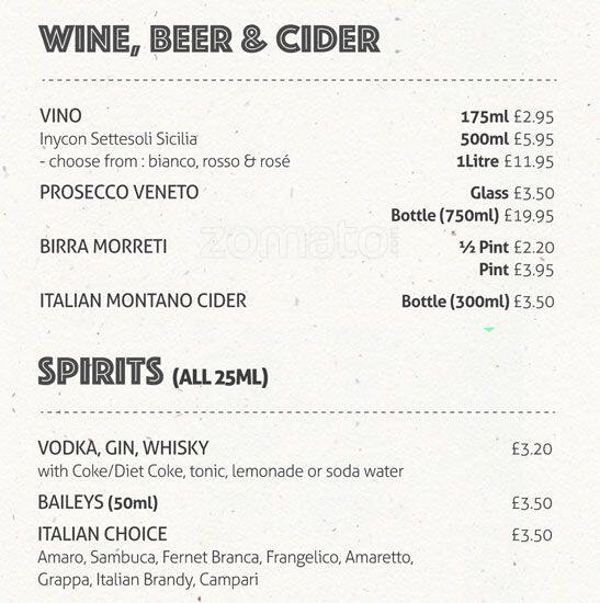 Menu at Taste of Italy restaurant, Edinburgh