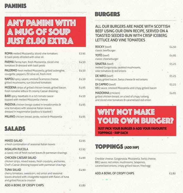 Menu at Taste of Italy restaurant, Edinburgh