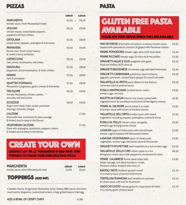 Menu at Taste of Italy restaurant, Edinburgh