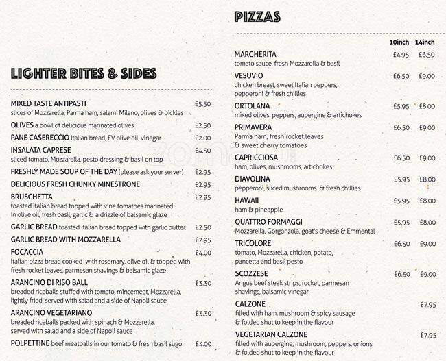 Menu at Taste of Italy restaurant, Edinburgh