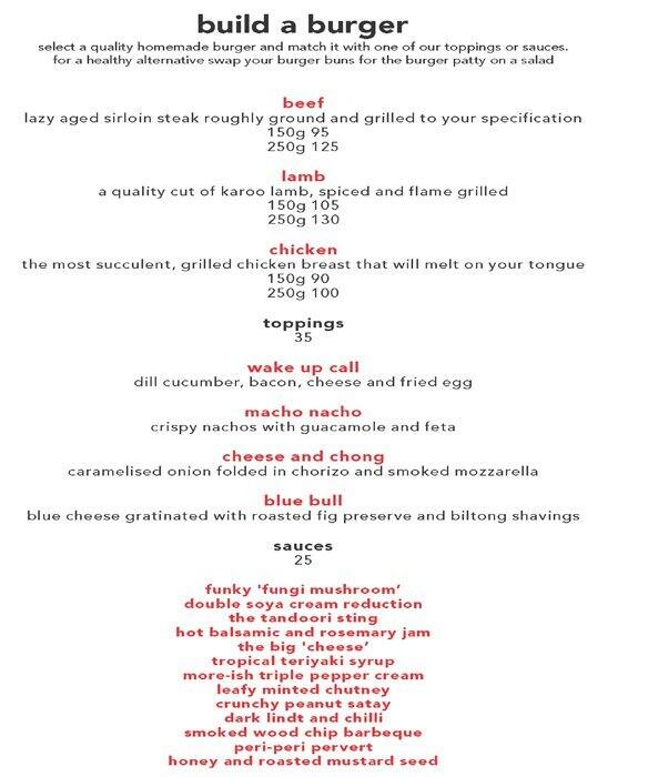 Menu at Fire & Ice, Pretoria