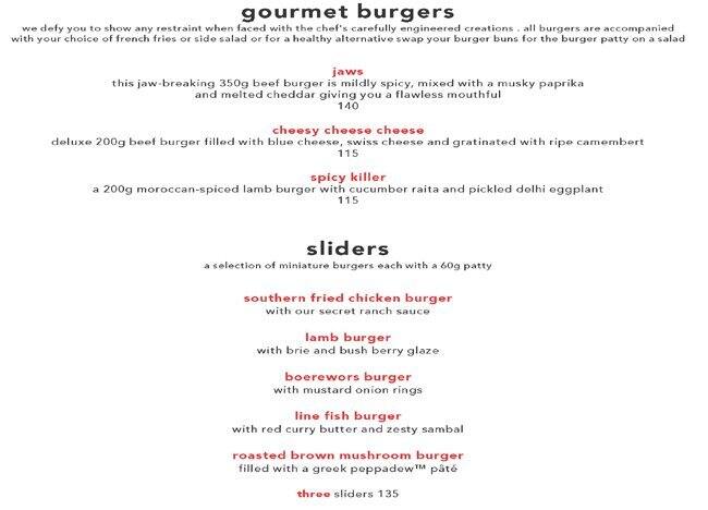 Menu at Fire & Ice, Pretoria