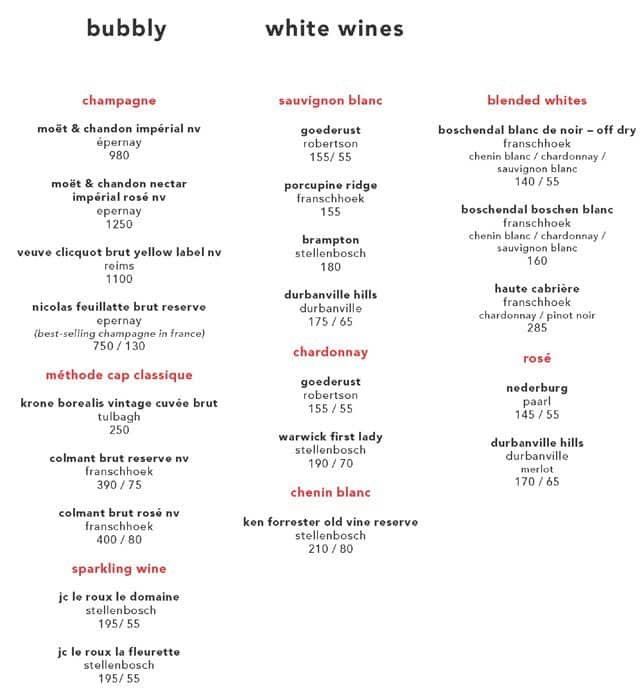 Menu at Fire & Ice, Pretoria