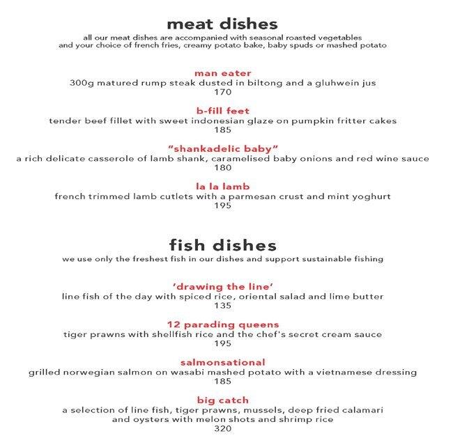 Menu at Fire & Ice, Pretoria