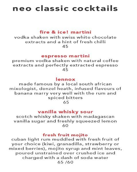 Menu at Fire & Ice, Pretoria