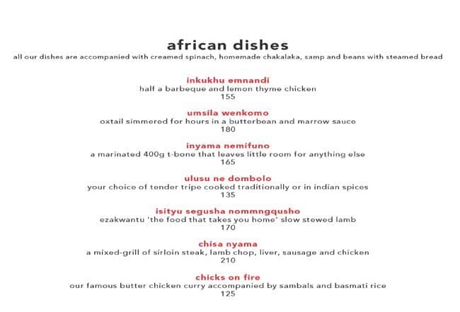 Menu at Fire & Ice, Pretoria