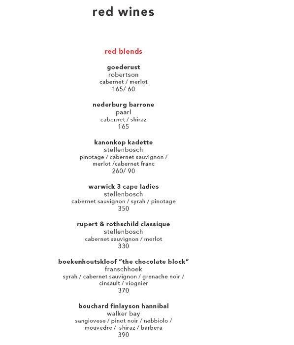 Menu at Fire & Ice, Pretoria