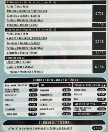 Menu at Conserveira da Trindade, Lisbon