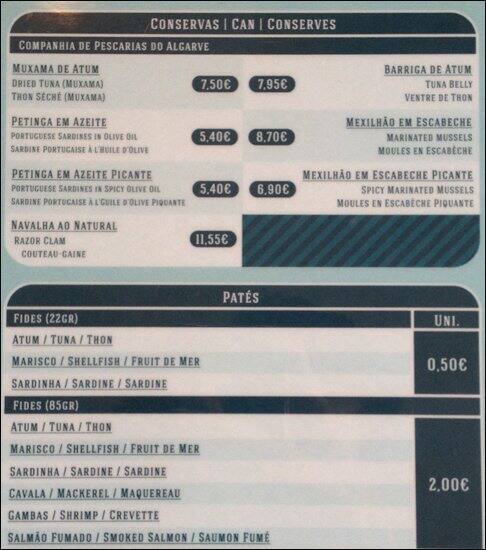 Menu at Conserveira da Trindade, Lisbon