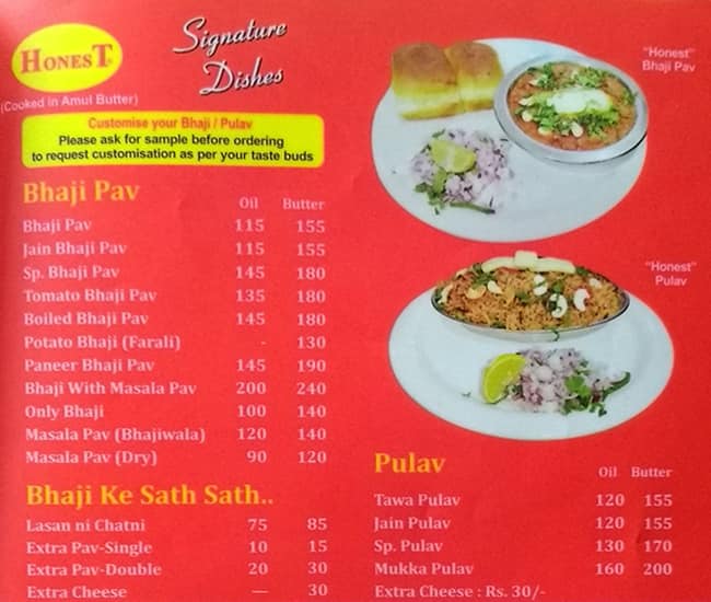 Menu of Honest, Naranpura, Ahmedabad