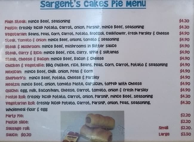 Menu at Sargent's Cakes restaurant, Reservoir