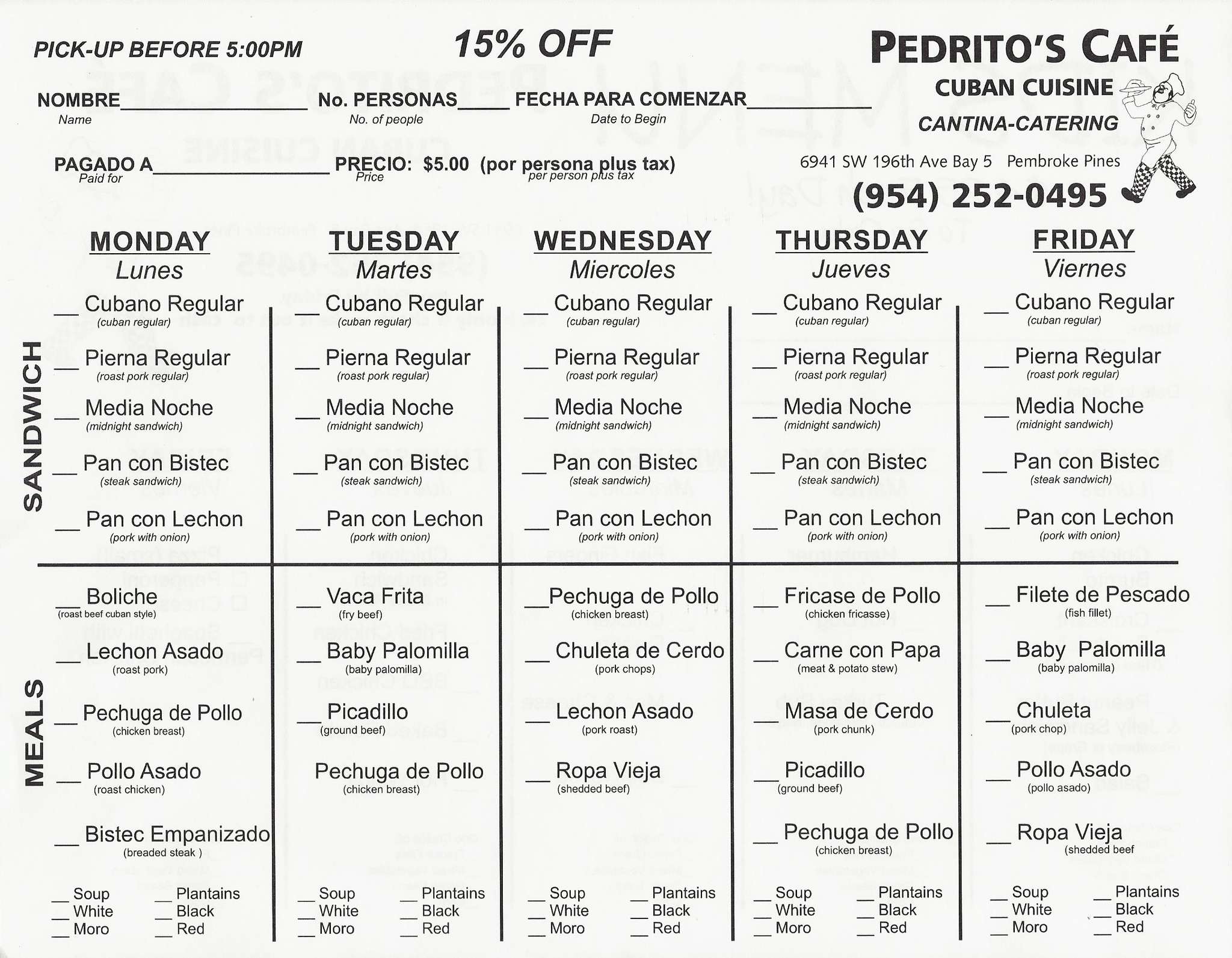 Menu at Pedritos Cafe, Southwest Ranches