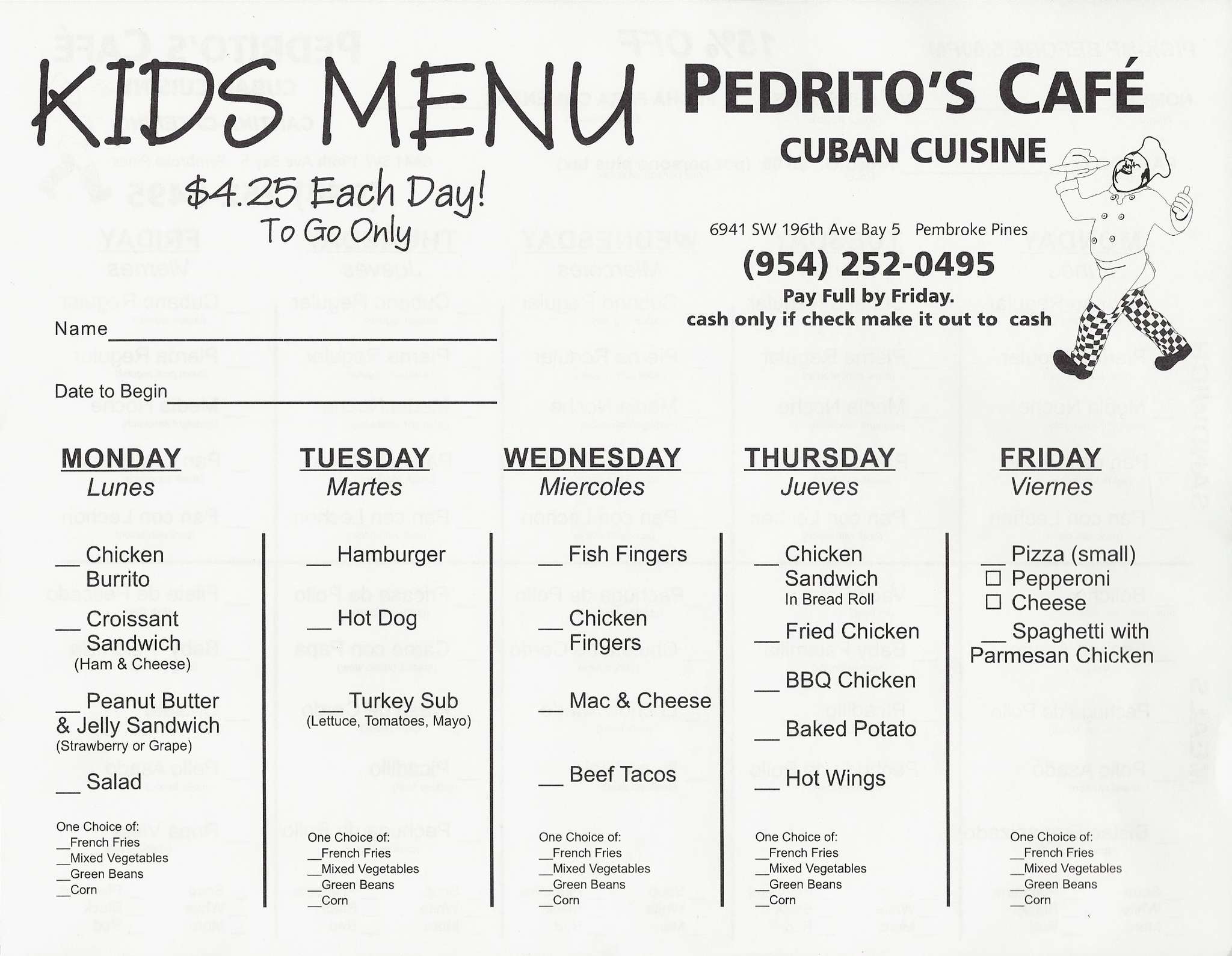 Menu at Pedritos Cafe, Southwest Ranches