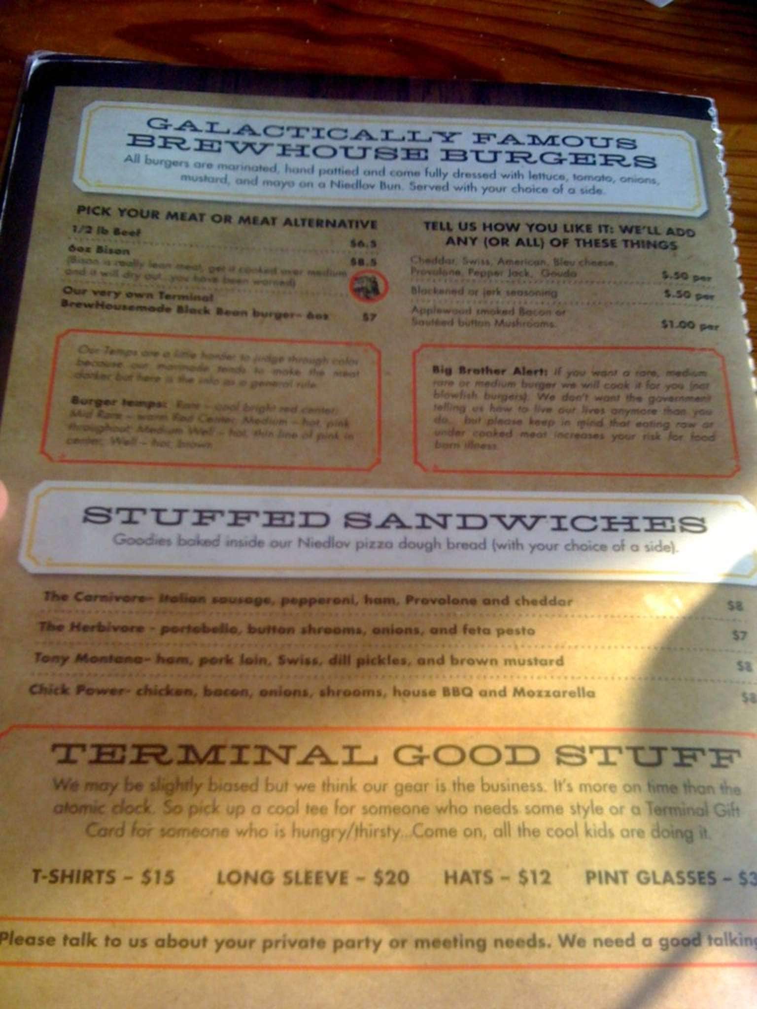 Menu at Terminal BrewHouse restaurant, Chattanooga