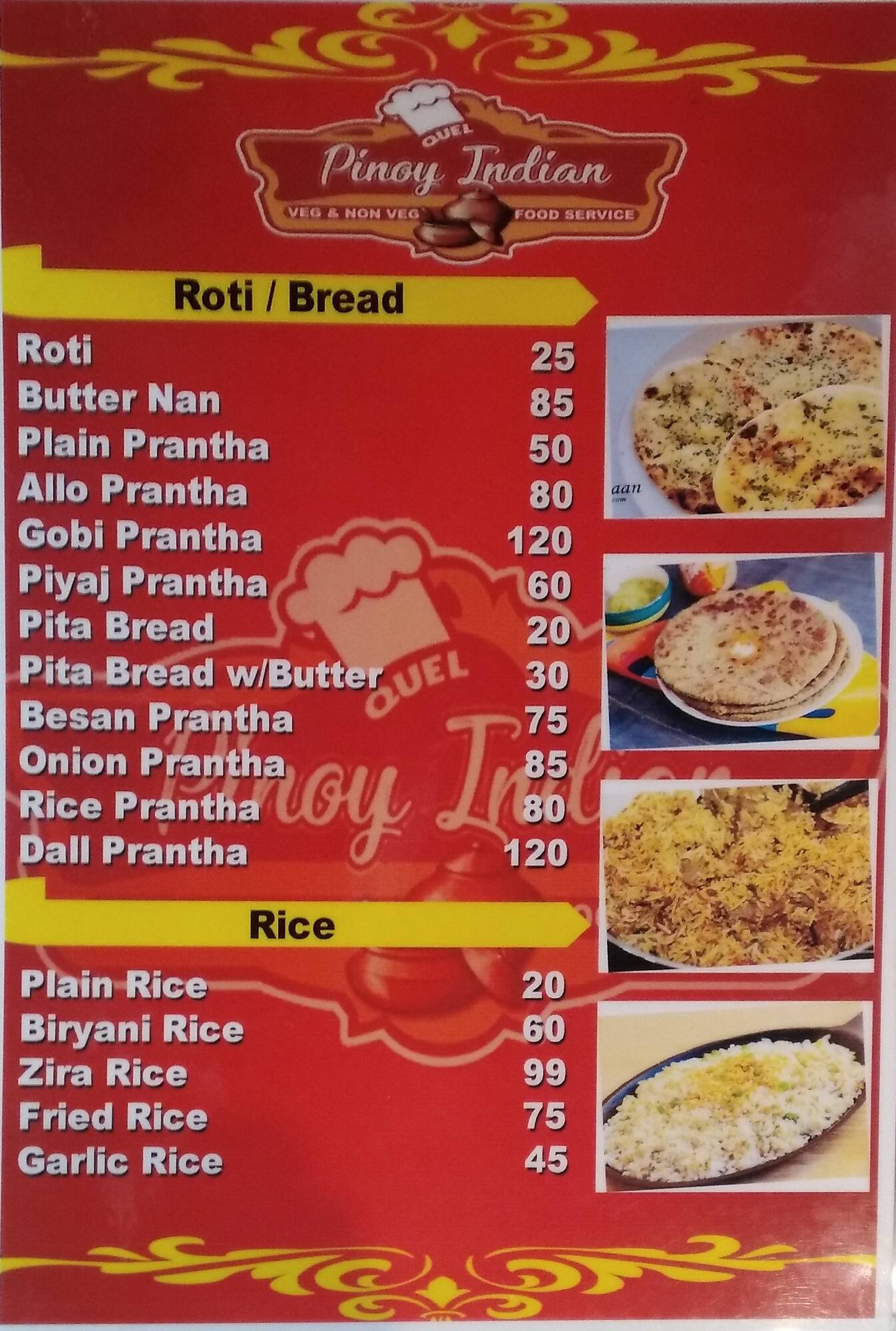 Menu at Quel Pinoy Indian restaurant, Parañaque