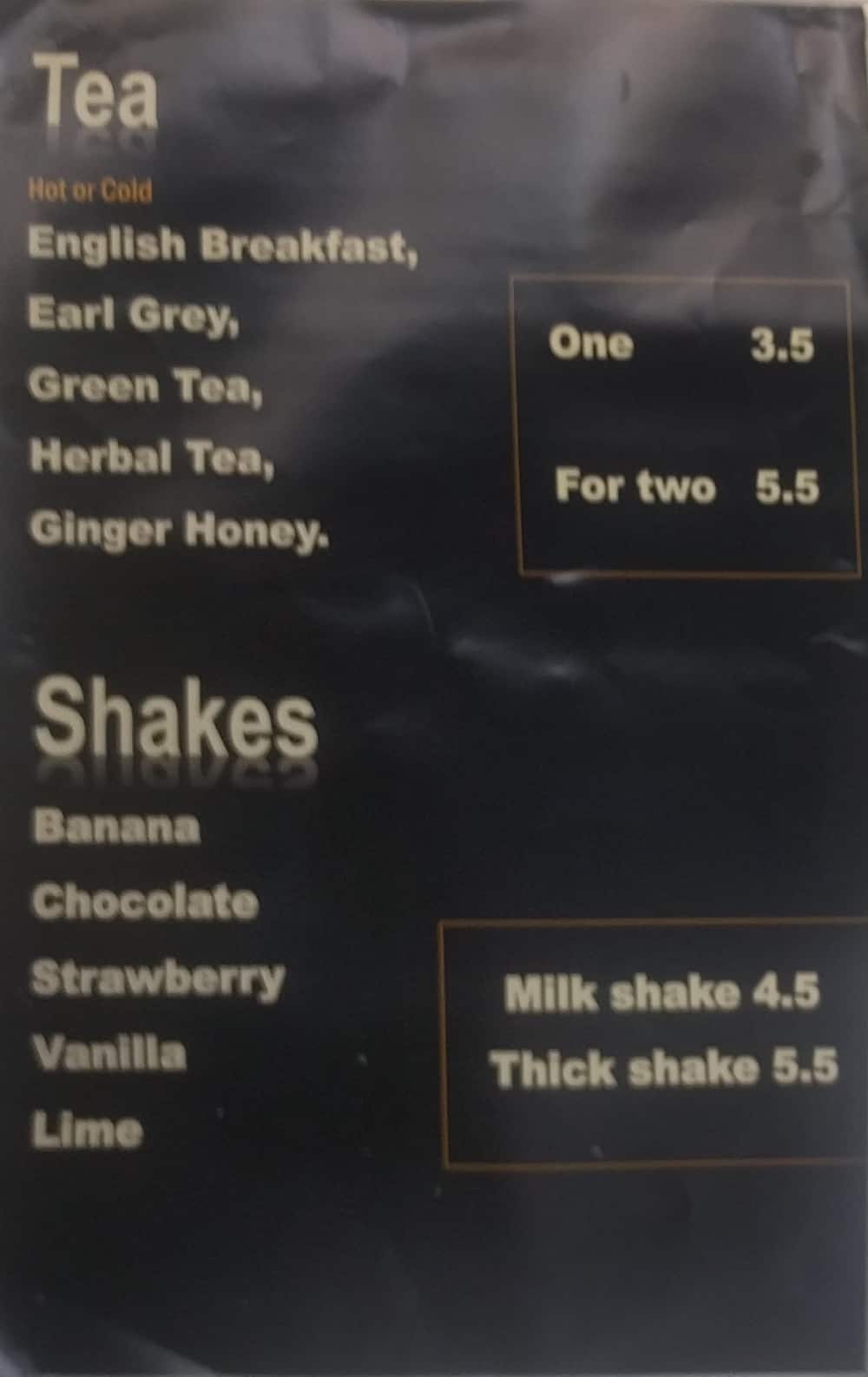 Menu at The Buzz Cafe, Wellington