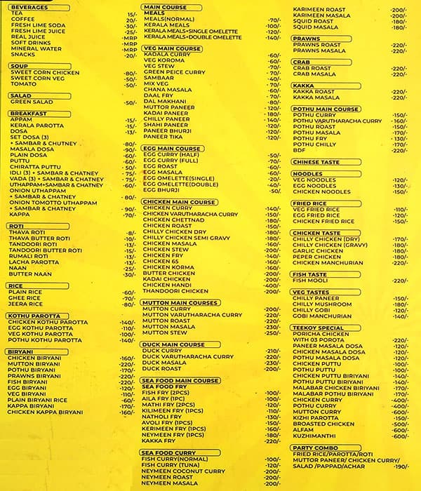 Menu of Teekoy Kerala Family Restaurant, Malviya Nagar, New Delhi