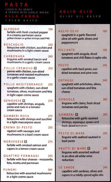 Menu at Pasto restaurant, Quezon City, Eulogio Rodriguez Jr. Ave