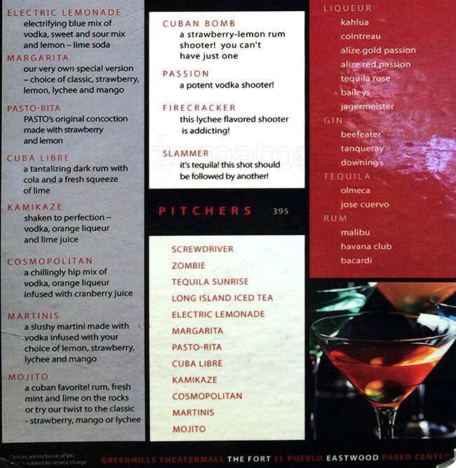 Menu at Pasto restaurant, Quezon City, Eulogio Rodriguez Jr. Ave