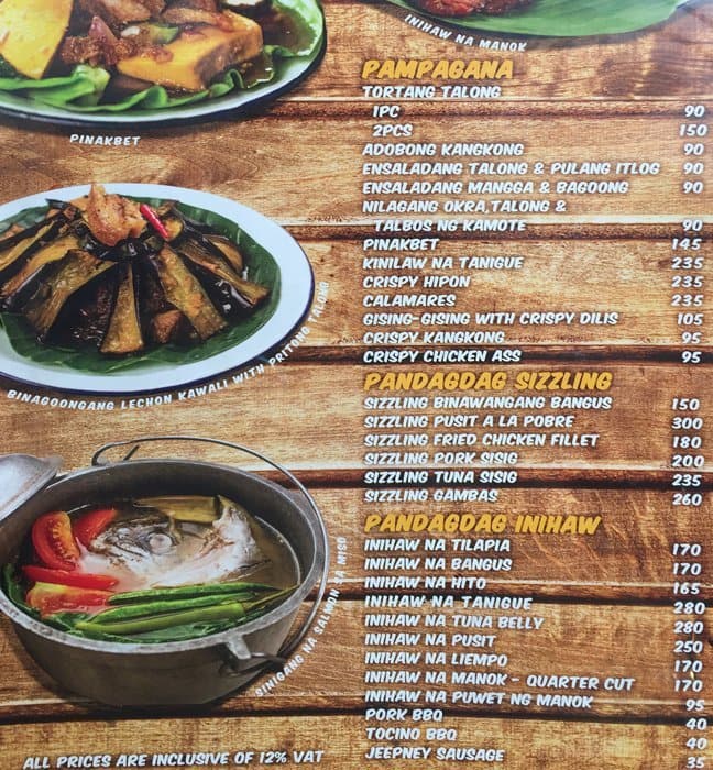 Menu at Gerry's Jeepney restaurant, Quezon City