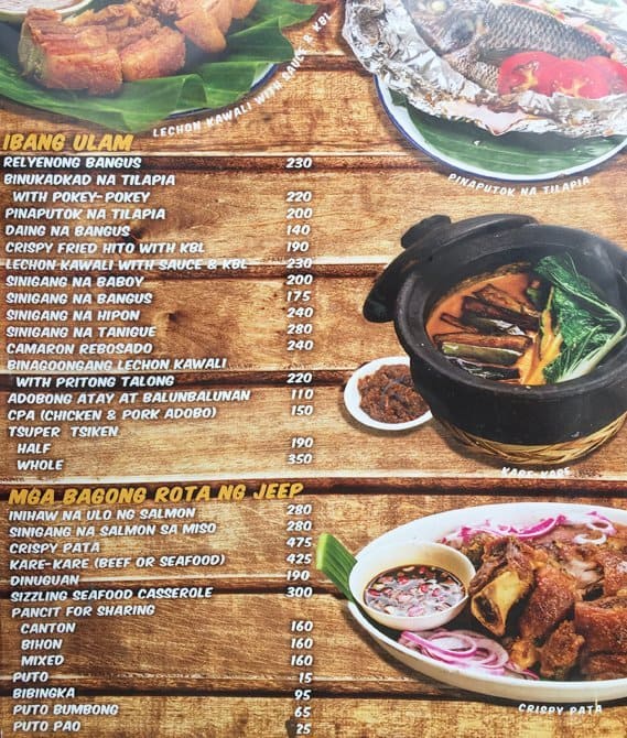 Menu at Gerry's Jeepney restaurant, Quezon City