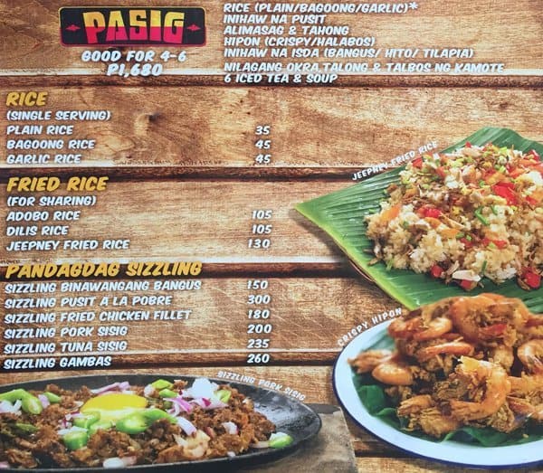Menu at Gerry's Jeepney restaurant, Quezon City