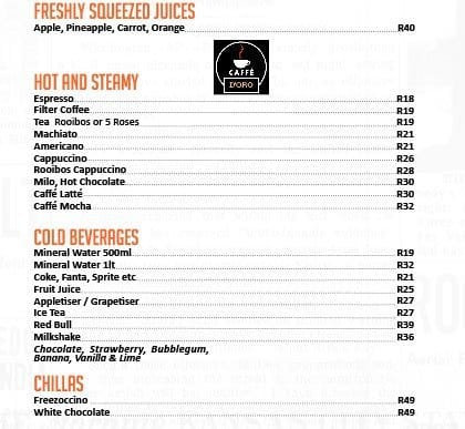 Menu at Harvard Cafe, Germiston, Main Terminal Building