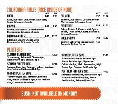 Menu at Harvard Cafe, Germiston, Main Terminal Building