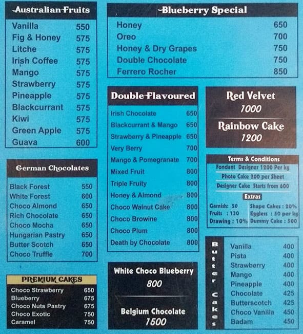 Menu at Blueberry The Cake Cafe, Chennai, 28 Camp Road