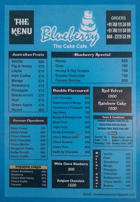 Menu at Blueberry The Cake Cafe, Chennai, 28 Camp Road