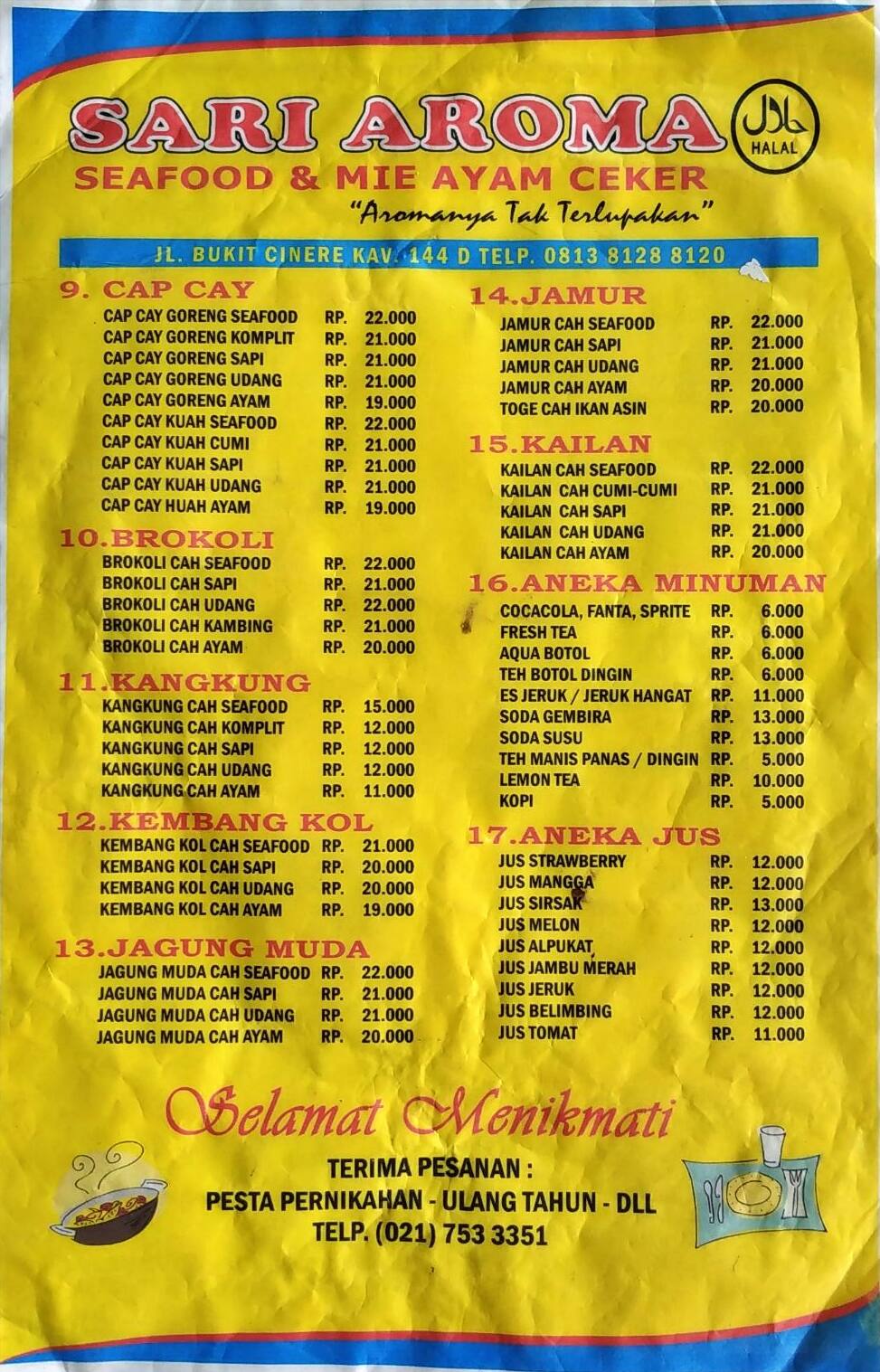 Menu at Sari Aroma restaurant, Depok