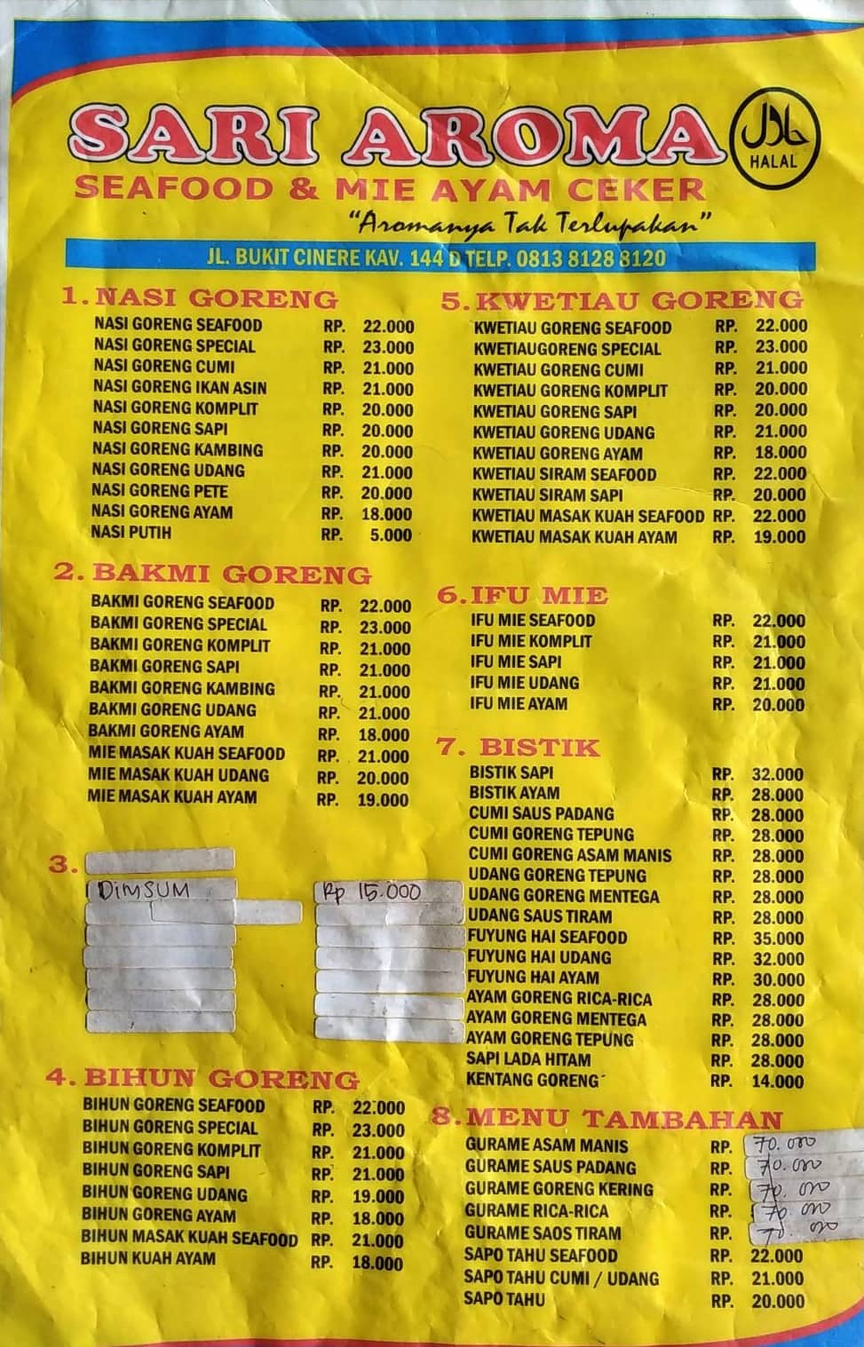 Menu at Sari Aroma restaurant, Depok