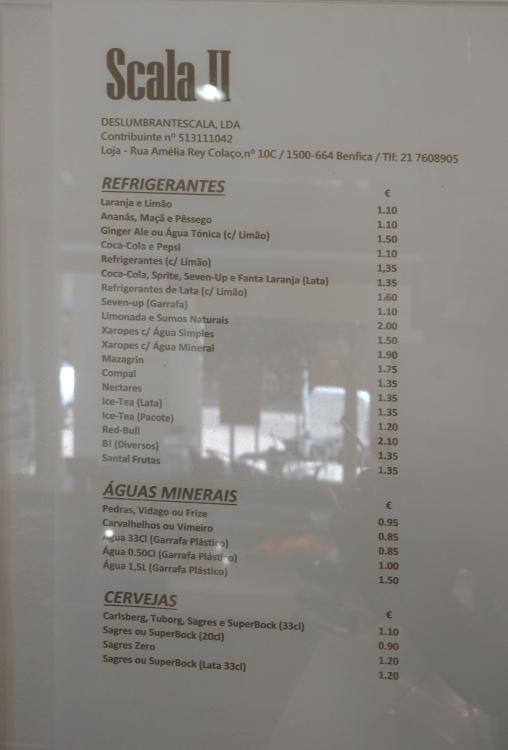 Menu em Cafe Scala II, Lisboa