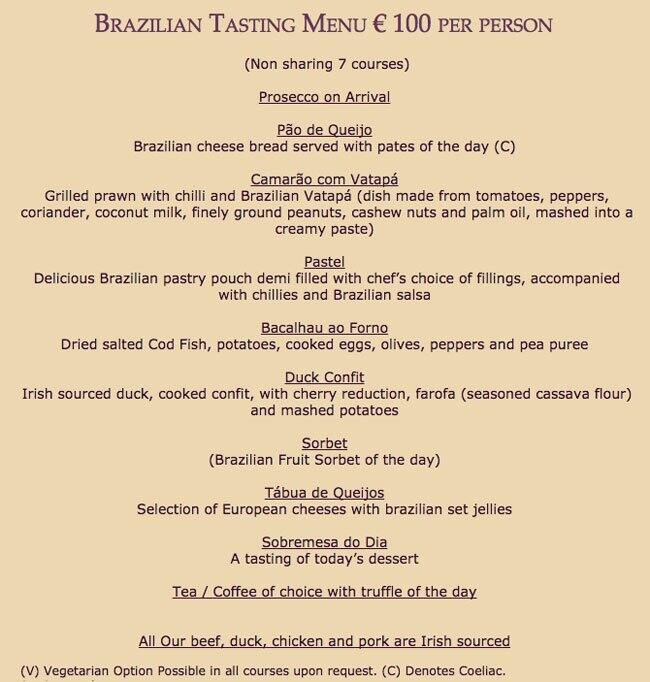 Menu at Sabor Brazil restaurant, Dublin