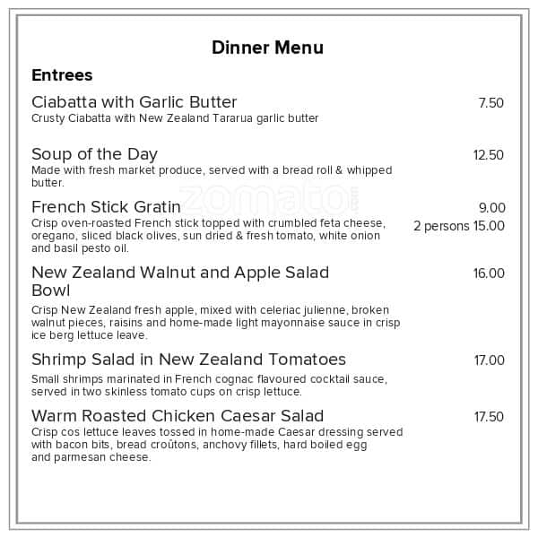 Menu at Princes on Dowling Restaurant, Dunedin