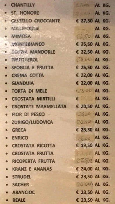 Menu at Pasticceria Castelnuovo, Milan