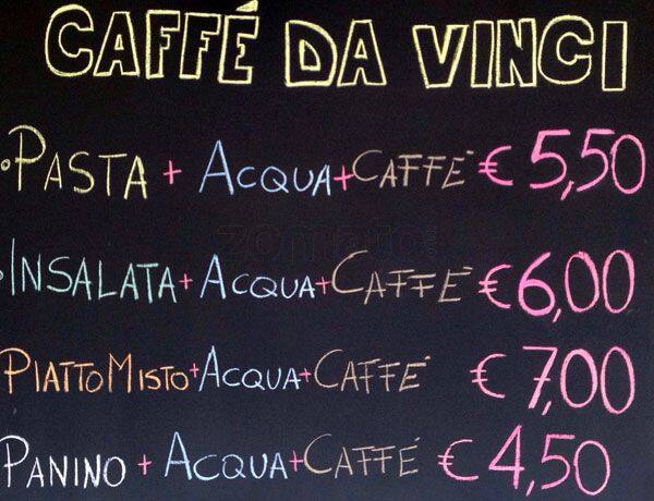 Menu at Caffe' L. da Vinci cafe, Rome