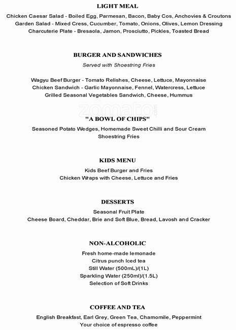Menu at The Cabana restaurant, Sydney
