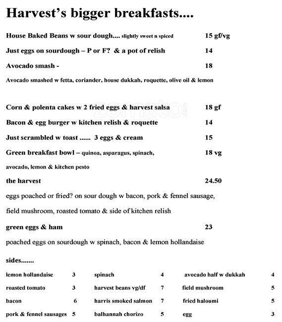 Menu at Harvest Mylor cafe, Mylor