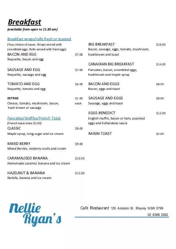 Nellie Ryan's Menu, Menu for Nellie Ryan's, Millthorpe, Millthorpe ...