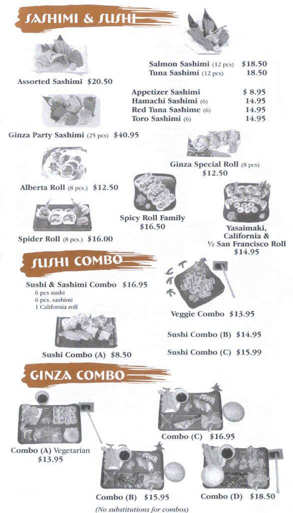Menu at Ginza Asian Cuisine, Calgary