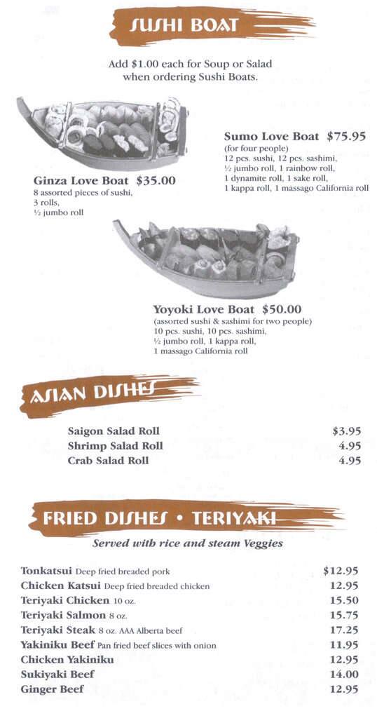 Menu at Ginza Asian Cuisine, Calgary