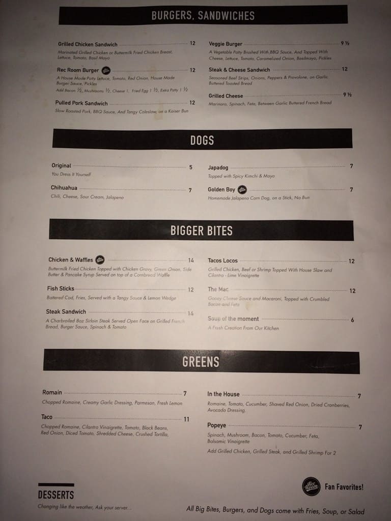 Menu at Rec Room pub & bar, Winnipeg