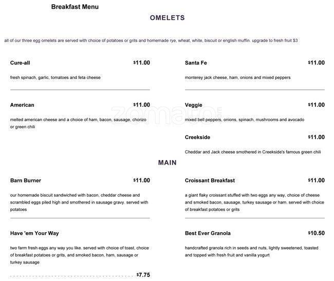 Menu at Creekside Cafe, Sonoma