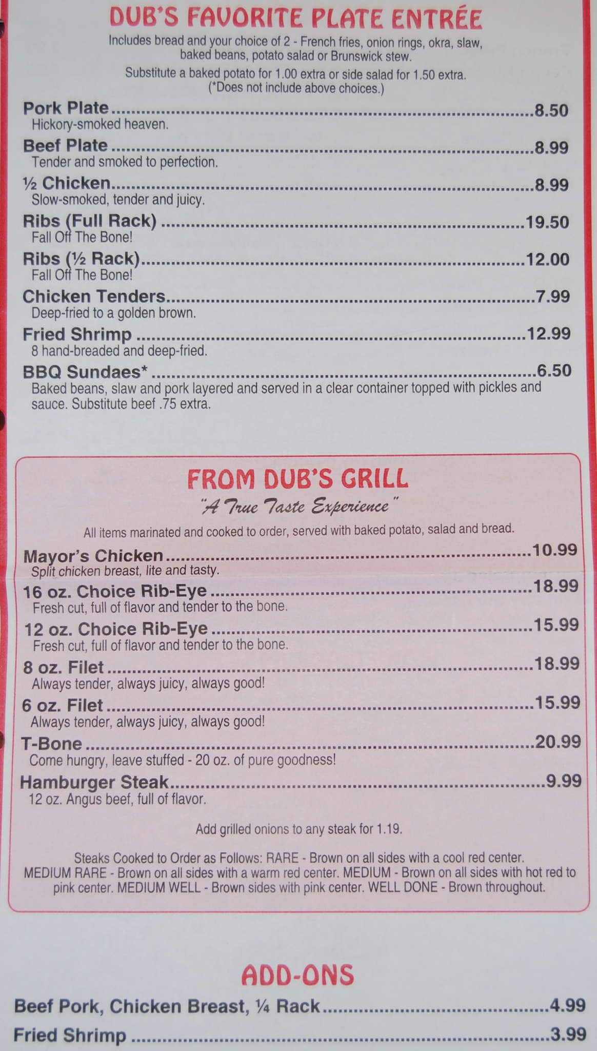 Menu at Dub's High on the Hog BBQ, Calhoun, 349 S Wall St