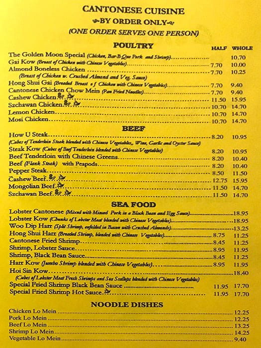 Menu at Golden Moon restaurant, Flint